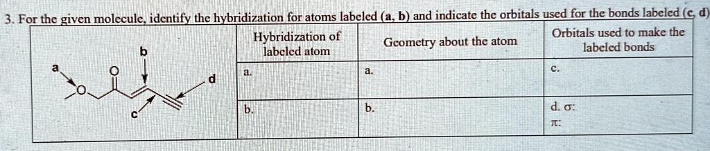 3. For the given molecule, identify the hybridization for atoms labeled (a, b) and indicate the ...