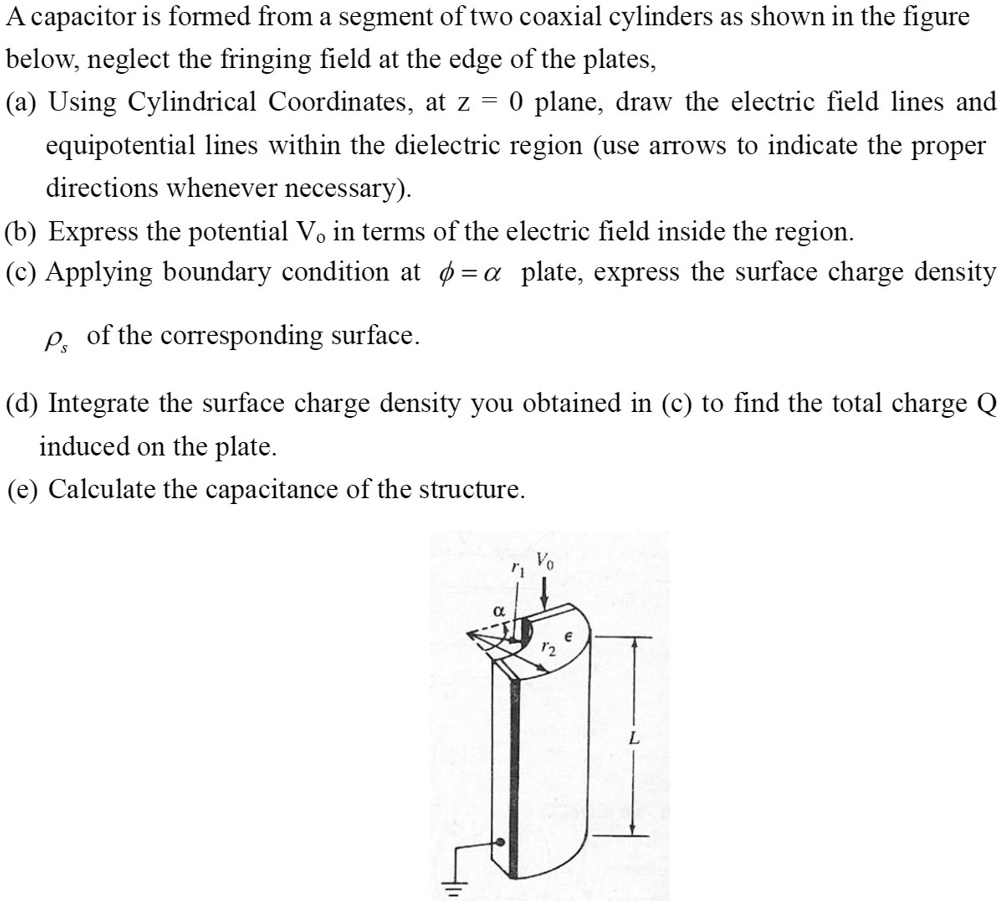 SOLVED: A capacitor is formed from a segment of two coaxial cylinders ...