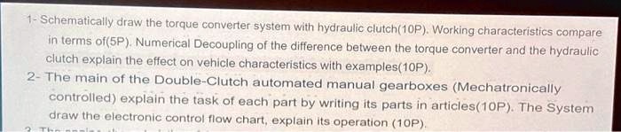 SOLVED: Texts: 1- Schematically draw the torque converter system with ...