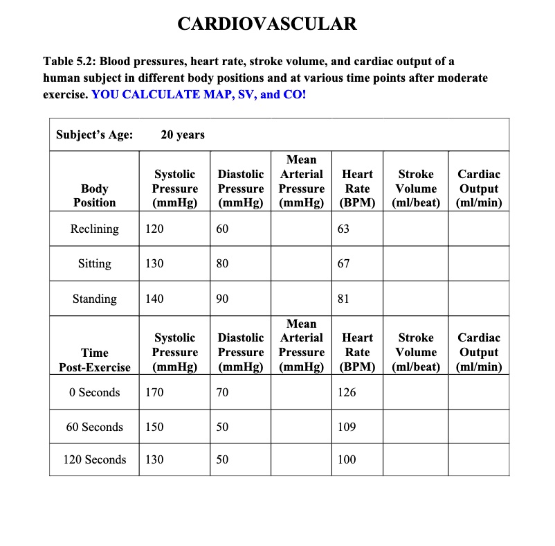 CARDIOVASCULAR Table 5.2: Blood pressures, heart rate, stroke volume ...