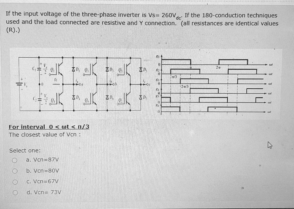 If the input voltage of the three-phase inverter is Vs= 260Vdc. If the 180-conduction techniques ...