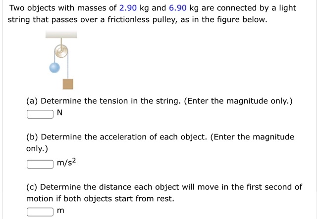 SOLVED: Two objects with masses of 2.90 kg and 6.90 kg are connected by a light string that ...