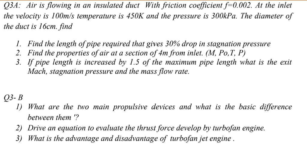 SOLVED: Q3A: Air is flowing in an insulated duct with a friction coefficient of 0.002. At the ...