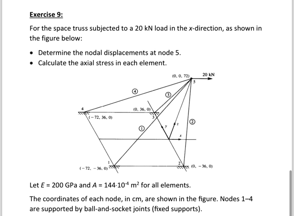 exercise 9 for the space truss subjected to a 20kn load in the x direction as shown in the ...