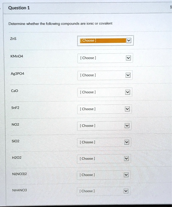 SOLVED: Question Determine whether the following compounds are ionic covalent ZnS Choose KMno4 ...