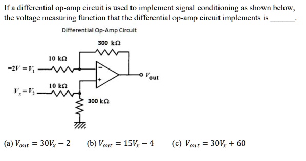 If a differential op-amp circuit is used to implement signal conditioning as shown below, the ...