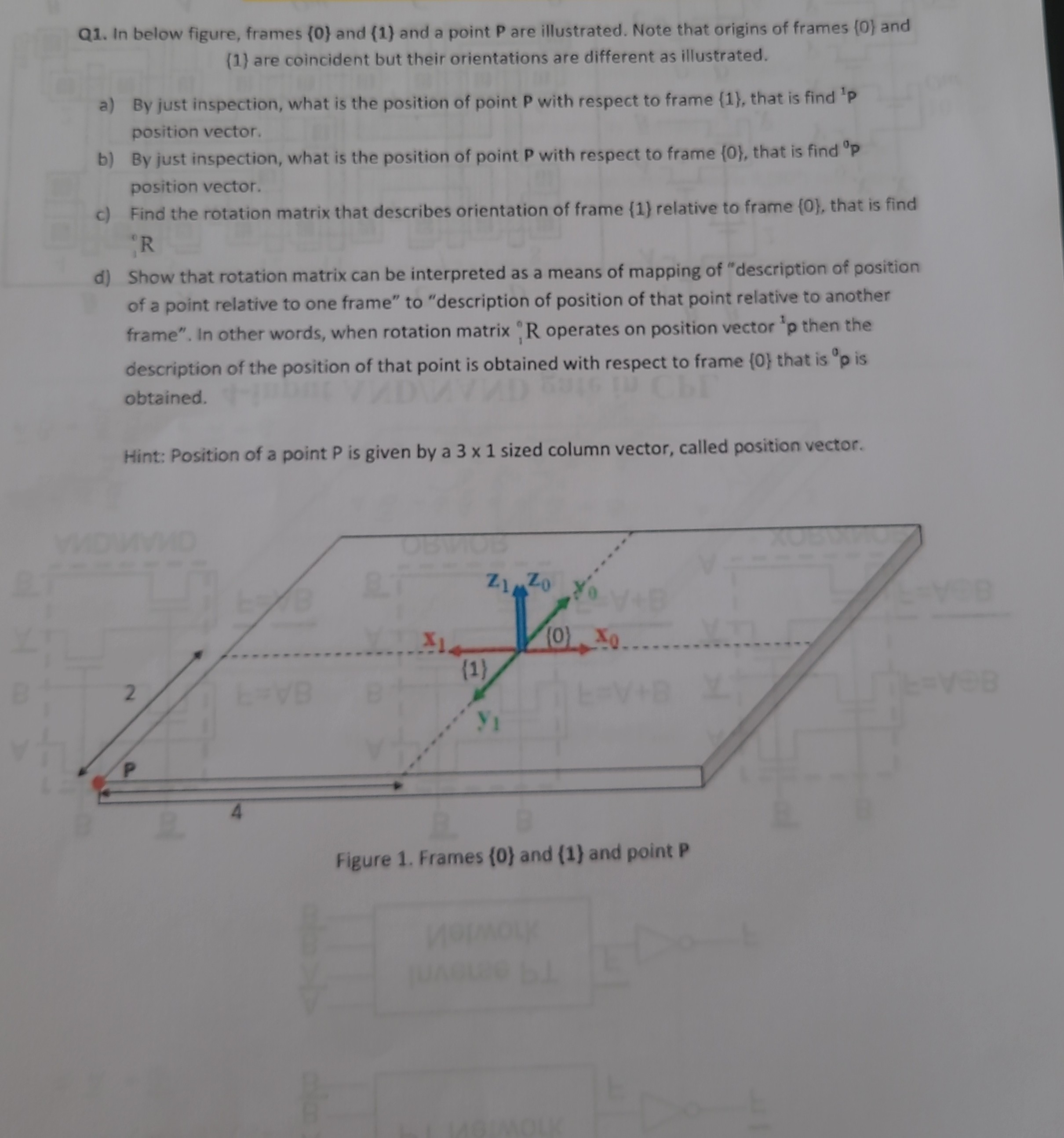 Q1. In below figure, frames {0} and {1} and a point P are illustrated ...