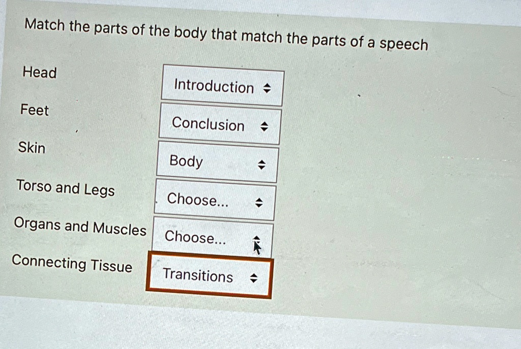 Match the parts of the body that match the parts of a speech Head Feet ...