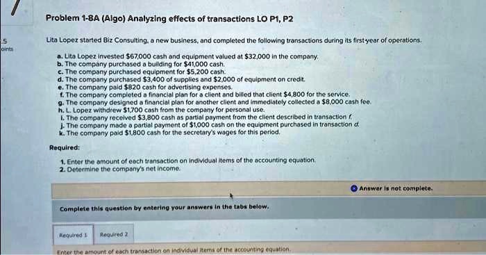 5 oints Problem 1-8A (Algo) Analyzing effects of transactions LO P1, P2 ...