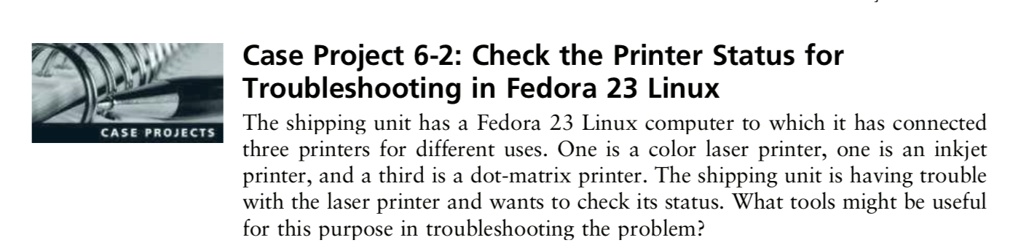 Case Project 6-2: Check the Printer Status for Troubleshooting in Fedora 23 Linux The shipping ...