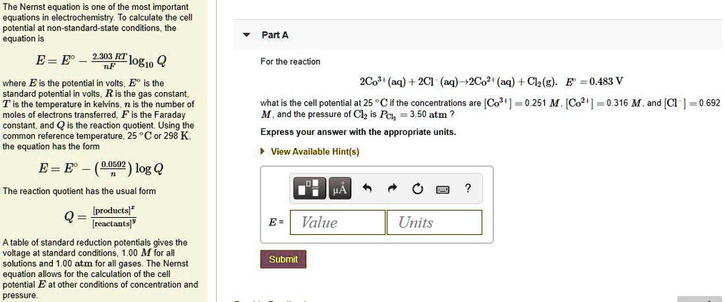 The Nernst equation is one of the most important equations in ...