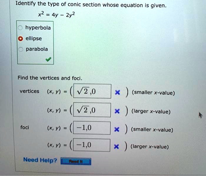 identify the type of conic section whose equation is given x2 4y 2y2 hyperbola ellipse parabola ...