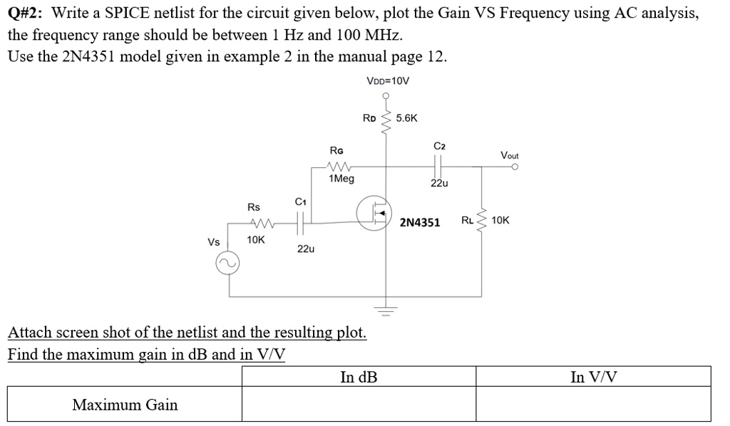 Solved Q2 Write A Spice Netlist For The Circuit Given Below Plot The Gain Vs Frequency Using 0303