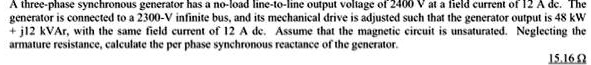 A three-phase synchronous generator has a no-load...