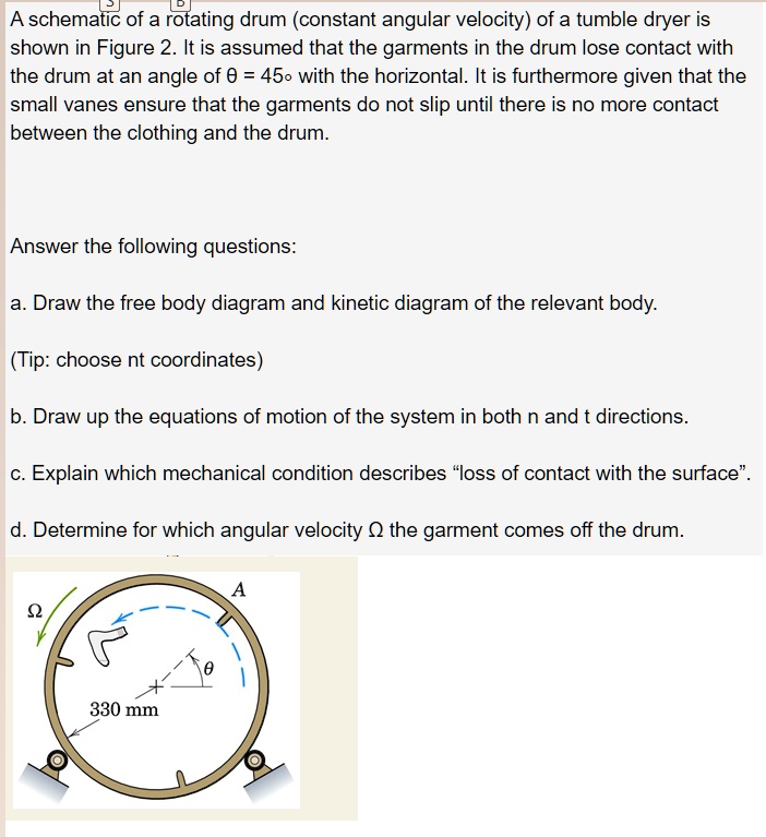 SOLVED: A schematic of a rotating drum (constant angular velocity) of a tumble dryer is shown in ...