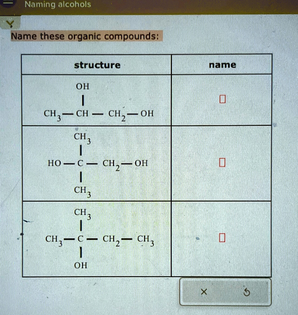 Naming alcohols Name these organic compounds: structure OH CH3-CH-CH2-OH CH3 CH3 HO-C-CH2-OH CH3 ...