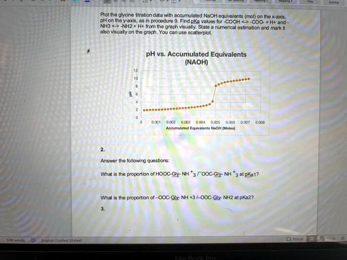 Plot the glycine titration data with accumulated NaOH equivalents (mol) on the x-axis, pH on the ...