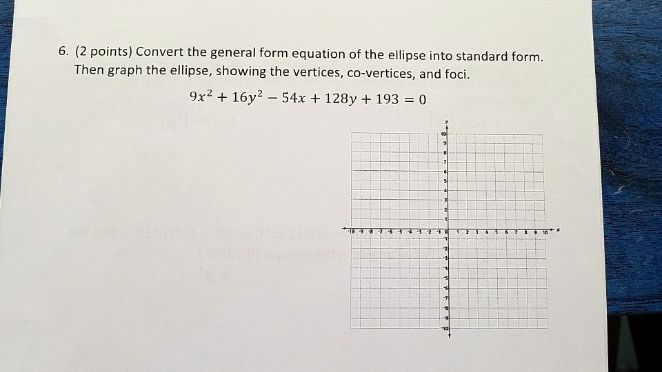 SOLVED: 6. (2 points) Convert the general form equation of the ellipse into standard form: Then ...