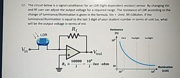 SOLVED: The circuit below is a signal conditioner for an LDR (light dependent resistor) sensor ...