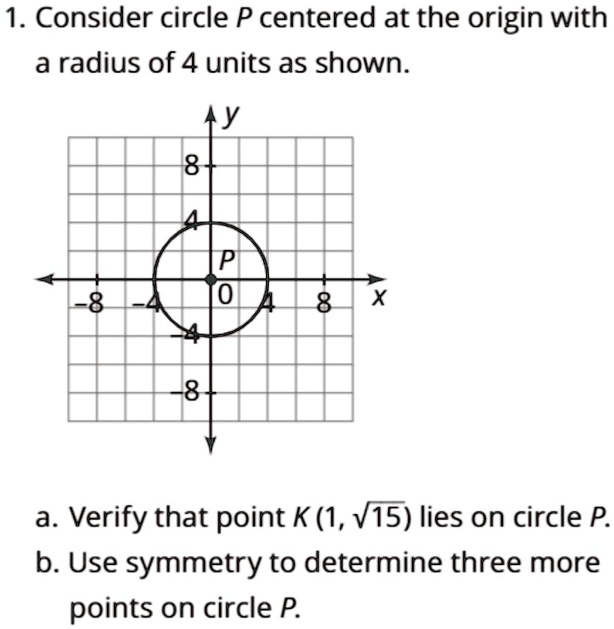 SOLVED: 1. Consider circle P centered at the origin with a radius of 4 units as shown: y P (01 8 ...