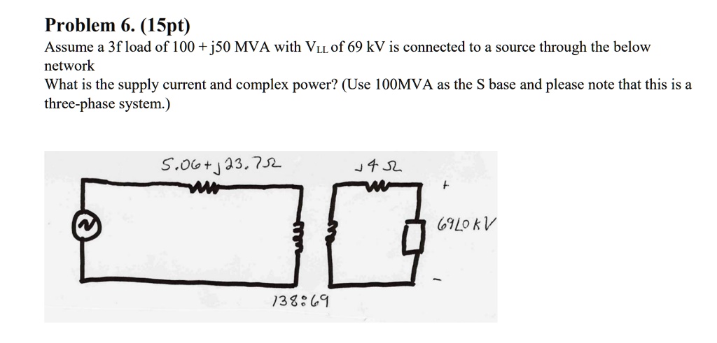 Problem 6. (15pt) Assume a 3f load of 100 + j50 MVA with VLL of 69 kV ...