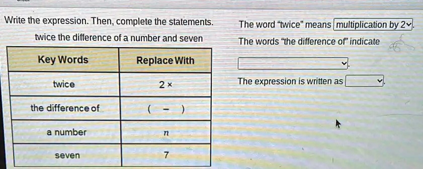 Write the expression. Then, complete the statements. twice the ...