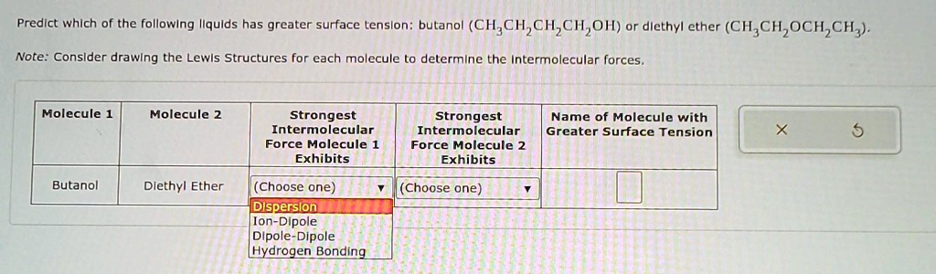SOLVED: Please help Predict which of the following liquids has greater surface tension: butanol ...