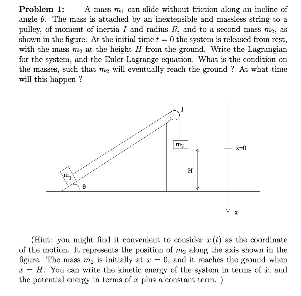 SOLVED: Problem 1: A mass mi can slide without friction along an incline of angle 0. The mass is ...