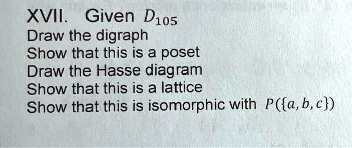 SOLVED: XVII. Given D105, draw the digraph. Show that this is a poset ...