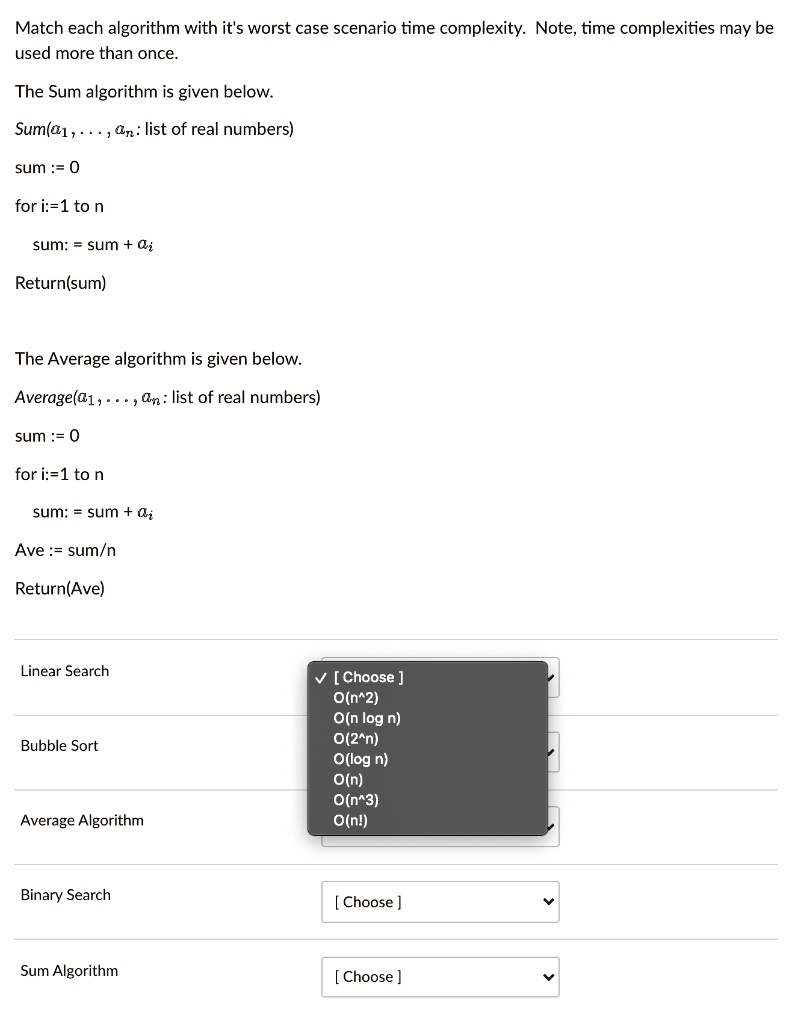 Solved Text Match Each Algorithm With Its Worst Case Scenario Time