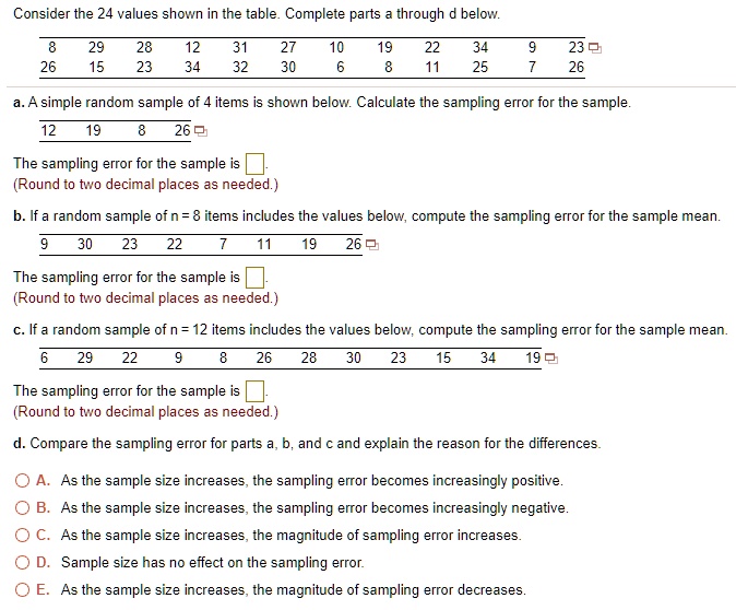 SOLVED: Consider the 24 values shown in the table. Complete parts through below 29 22 a. A ...