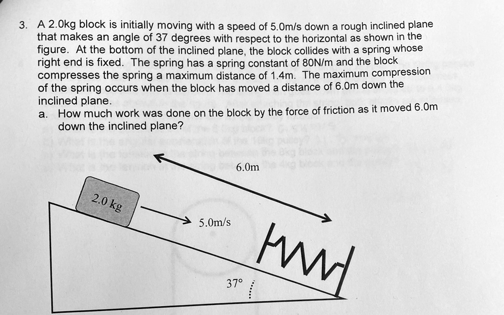 SOLVED: A 2.0kg block is initially moving with a speed of 5.0(m)/(s) down a rough inclined plane ...