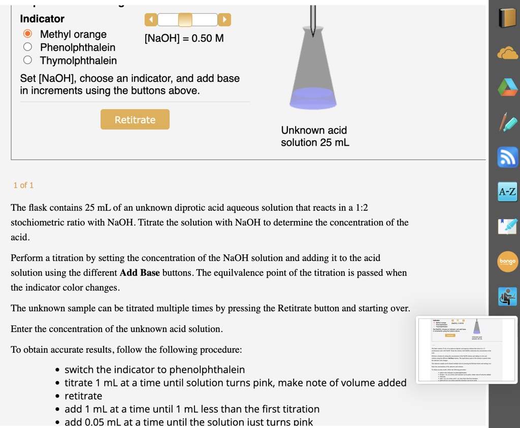 The flask contains 25 mL of an unknown diprotic acid aqueous solution that reacts in a 1:2 ...