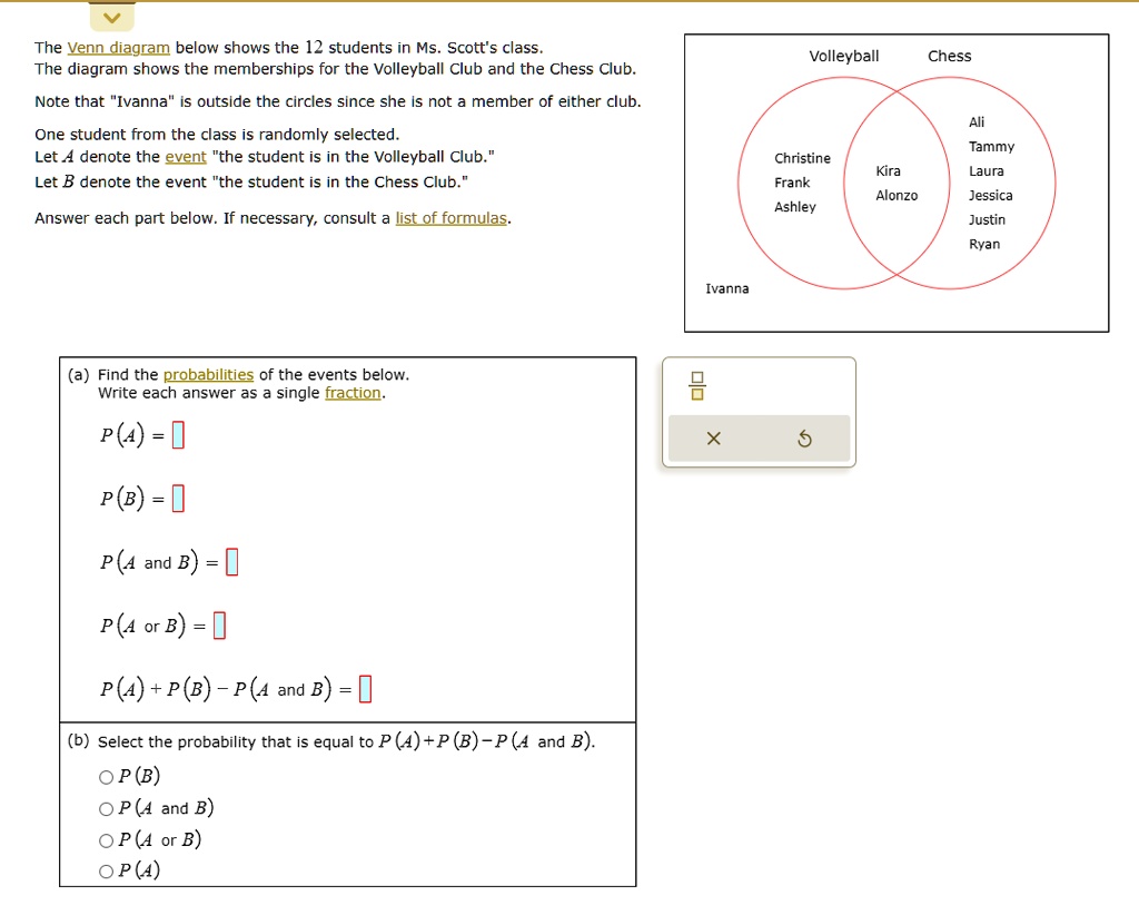 The Venn diagram below shows the 12 students in Ms. Scott's class. The ...