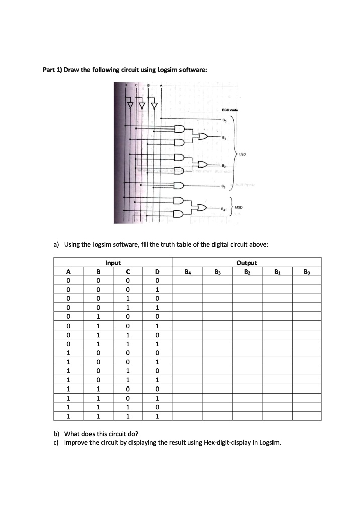 Solved Part 1 Draw The Following Circuit Using Logsim Software Bcd Code A Using The Logsim