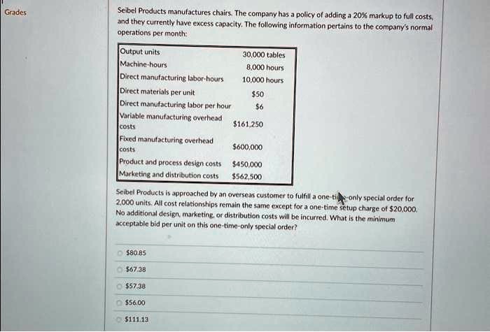 SOLVED: Texts: Grades Seibel Products manufactures chairs. The company ...