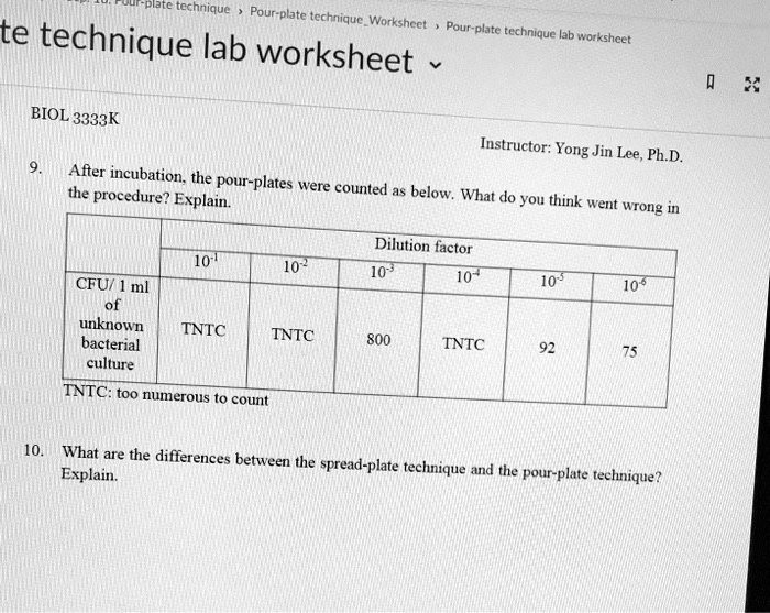 SOLVED: Technique: Pour-plate TechniqueWorksheet Lab Worksheet BIOL ...