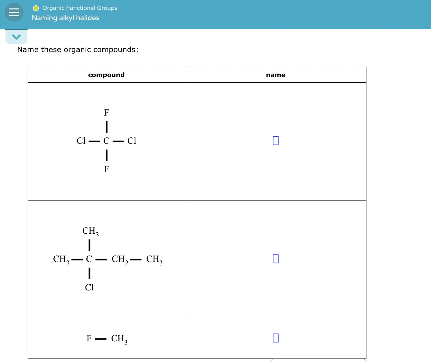 SOLVED: Organic Functional Groups Naming alkyl halides Name these organic compounds: compound ...