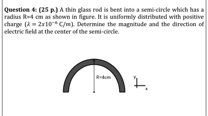 SOLVED: Question 4 (25 p.) A thin glass rod is bent into a semi-circle ...