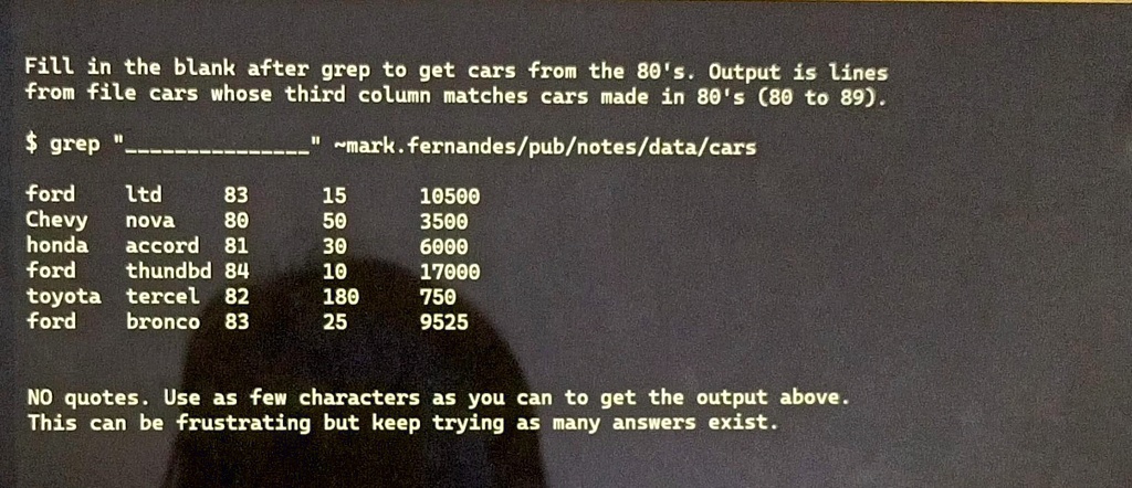 Fill in the blank after grep to get cars from the 80's. Output is lines ...