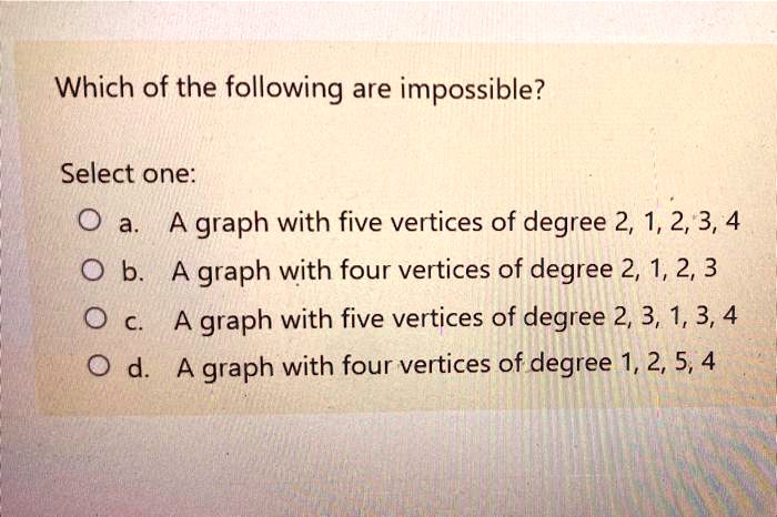 VIDEO solution: Which of the following are impossible? Select one: A graph with five vertices of ...