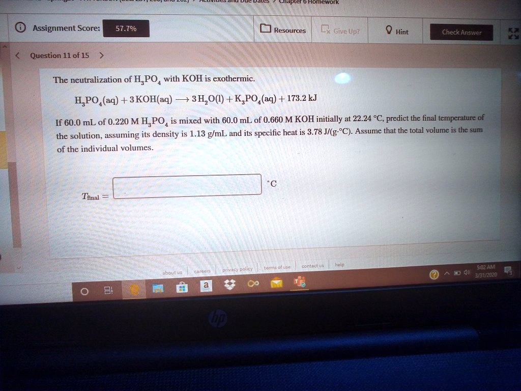 The neutralization of H3PO4 with KOH is exothermic: H3PO4(aq) + 3KOH(aq ...