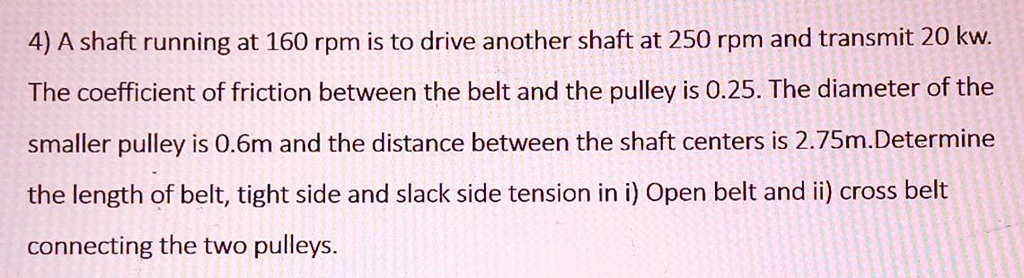 SOLVED: 4) A shaft running at 160 rpm is to drive another shaft at 250 ...