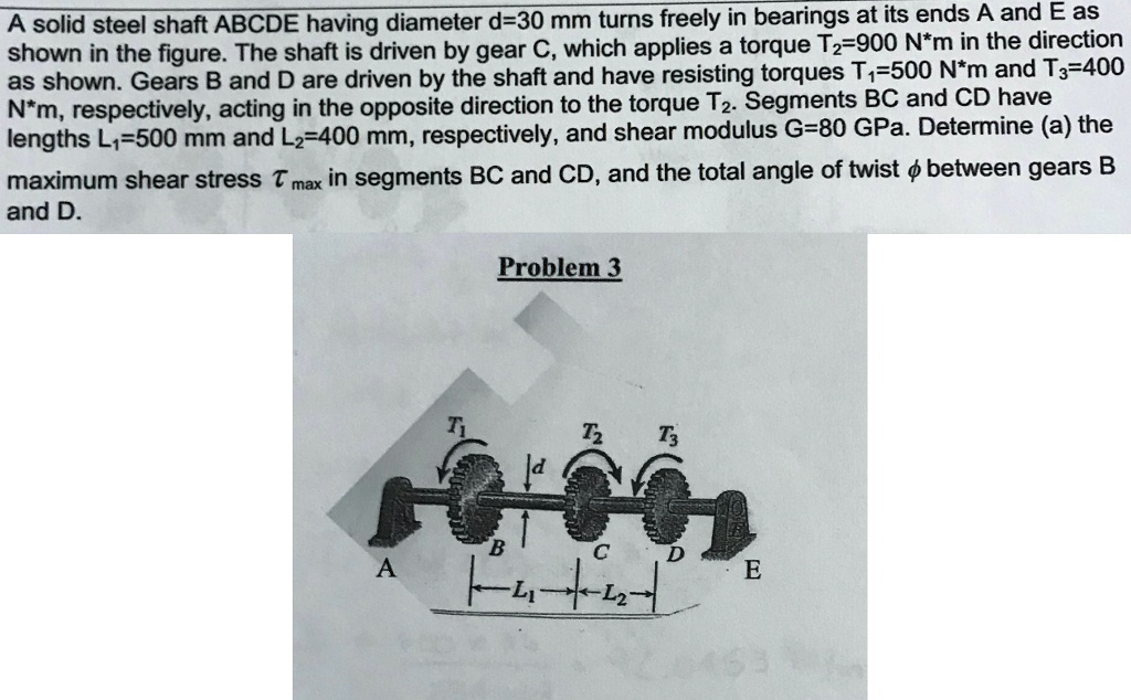 SOLVED: A solid steel shaft ABCDE having a diameter d = 30 mm turns ...