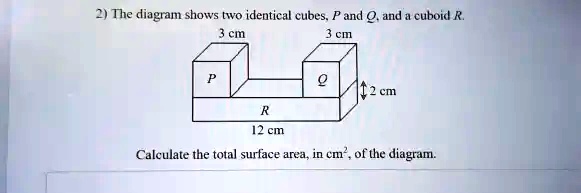 SOLVED: 2) The diagram shows two identical cubes: and Q.and cuboid R I2 cm Calculate the total ...