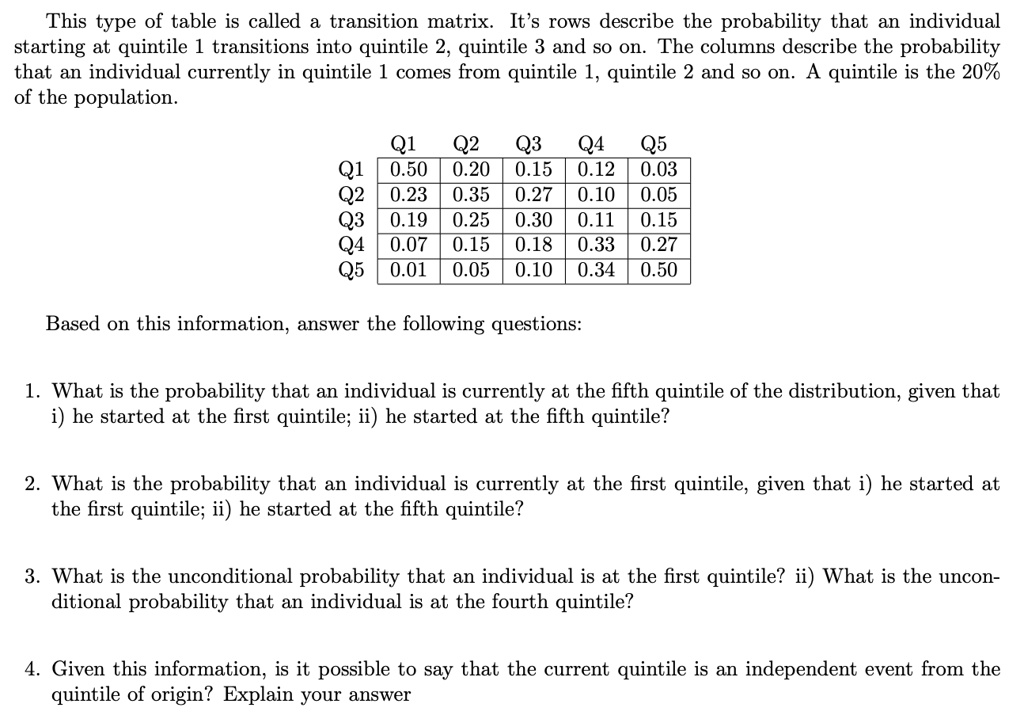 SOLVED: This type of table is called a transition matrix. Its rows ...