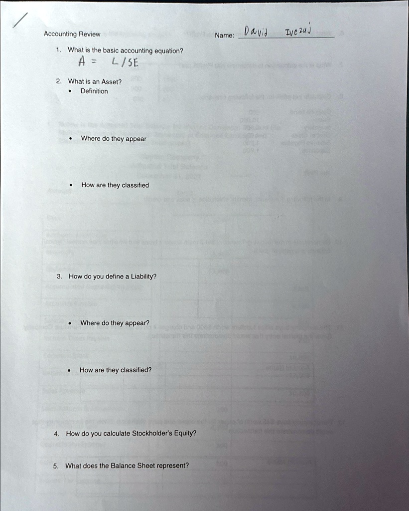 Accounting Review 1. What is the basic accounting equation? A = L/SE 2 ...