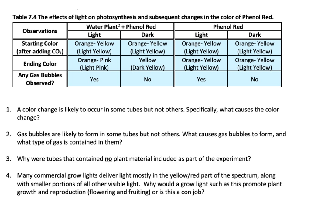 Table 74 the effects of light on photosynthesis and...