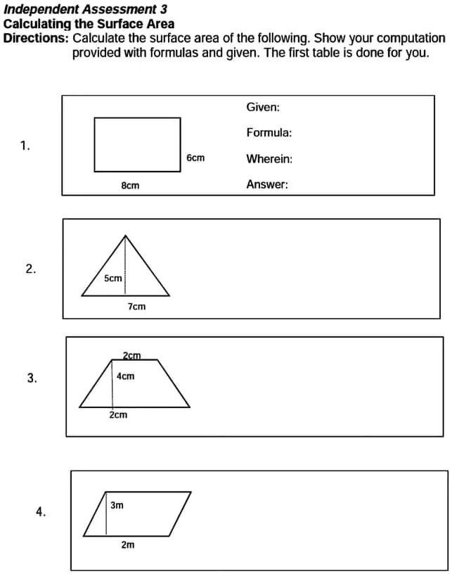 Independent Assessment 3 Calculating the Surface Area Directions ...