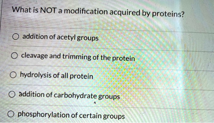 SOLVED: What is NOT a modification acquired by proteins? addition of ...